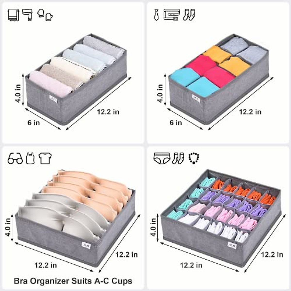 ULG 4 Pack Socks Underwear Drawer Organizer Divider,Washable Drawer Organizer Foldable Oxford Fabric Closet Organizers and Storage Boxes for Socks, Underwear, Belts (Light Grey), Large (UL421041502)