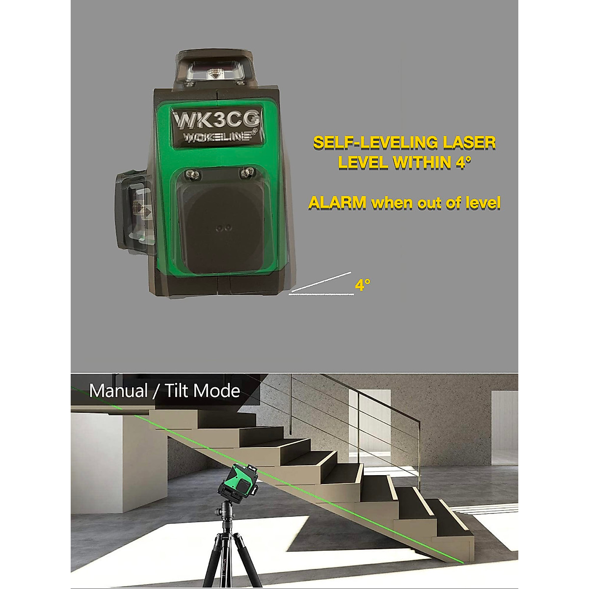 WOKELINE 3D Laser Level Self Leveling Green Beam 3x360° 12 Lines Leveling and Alignment Laser Tool for Construction and Picture Hanging,130 Ft Indoor Range High-Accuracy 1/16 in