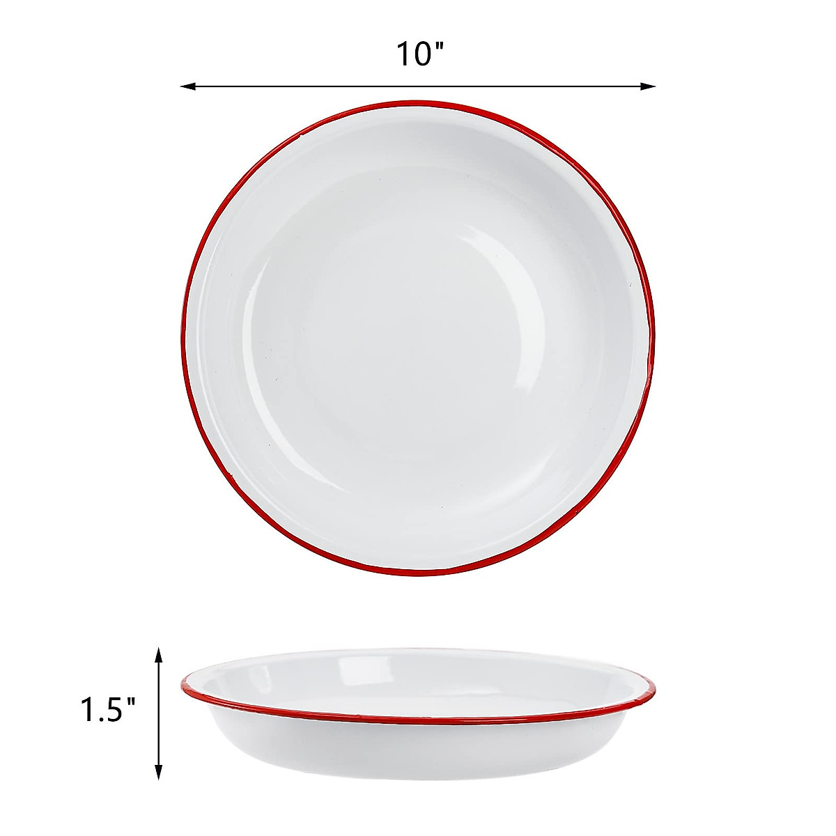 Lawei Set of 4 Enamel Dinner Plates, 10 Inch Round Enameled Camping Plate with Red Rim, Retro Salad Pasta Bowls Enamel Deep Dinner Serving Platter for Dinner, Outdoor, Picnic, BBQ, Butter
