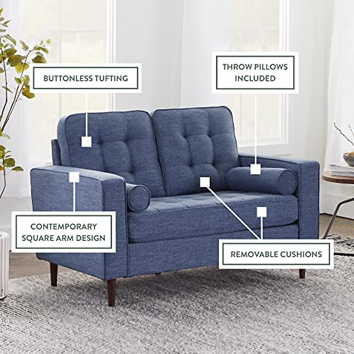 Edenbrook Lynnwood Upholstered Loveseat - Living Room Office or Bedroom - Mid-Century Modern Design Furniture - Buttonless Tufting - Simple Assembly - Includes 2 Bolster Pillows - Navy