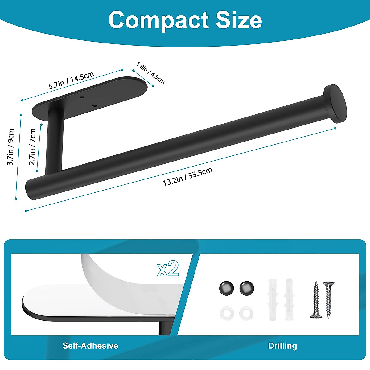 Paper Towel Holder Under Cabinet, Kitchen Paper Towel Holder Wall Mount, Self Adhesive Paper Towel Roll Holder SUS304 Stainless Steel Paper Towel Bar Paper Towel Rack - Black