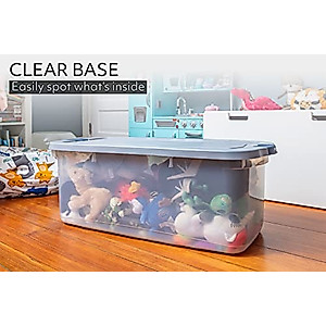 Rubbermaid Roughneck Clear 95 Qt/23.75 Gal Storage Containers, Pack of 4 with Latching Grey Lids, Visible Base, Sturdy and Stackable, Great for Storage and Organization