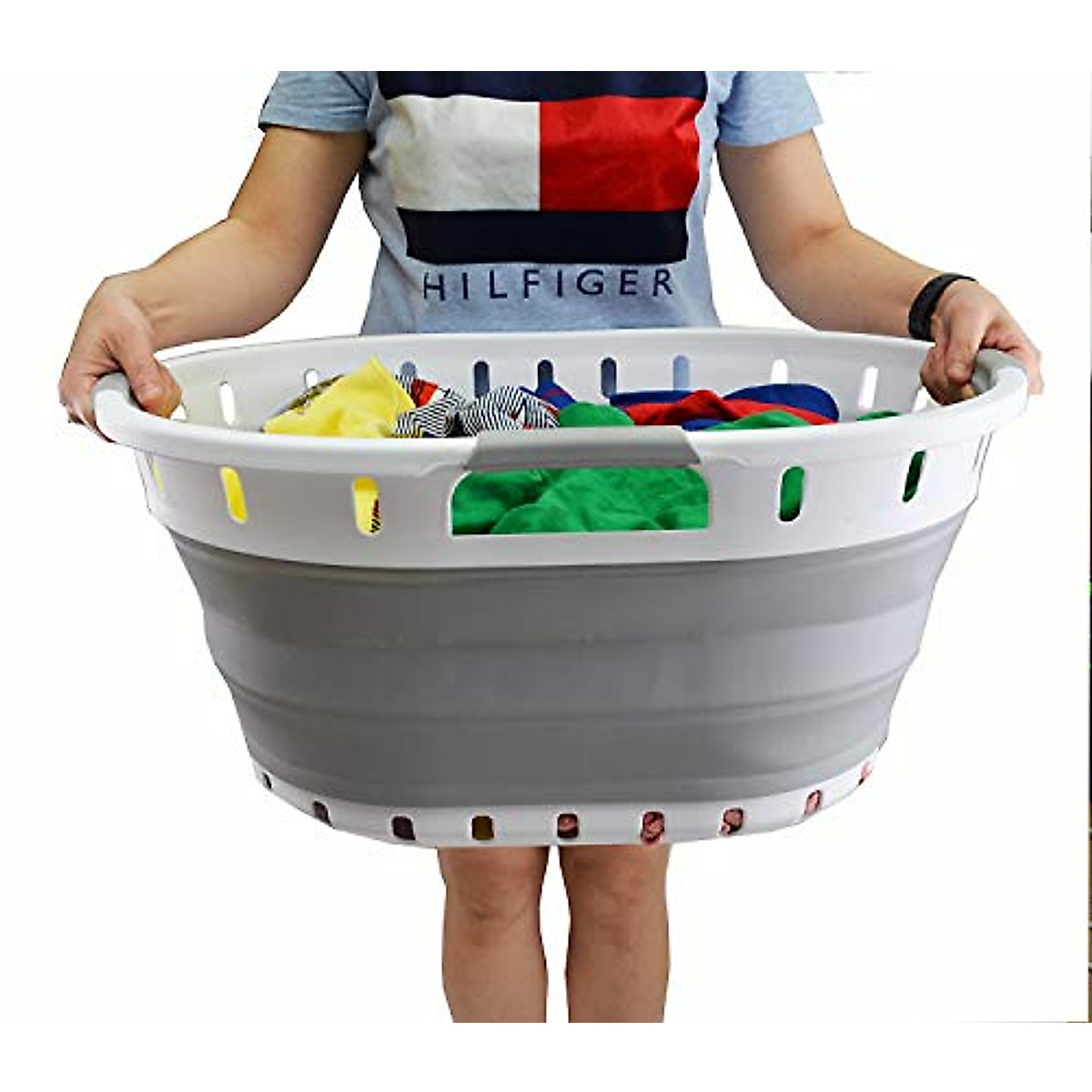 SAMMART 36L (9.5 Gallon) Collapsible 3 Handled Plastic Laundry Basket - Oval Basket - Foldable Storage Container/Organizer - Space Saving Laundry Hamper (White/Grey)