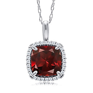 Gem Stone King 10K White Gold Gemstone Birthstone and White Diamond Halo Pendant Necklace | Cushion Cut 7MM | White Gold Necklace for Women | with 18 Inch Chain