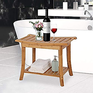 Kinlife Bamboo Shower Bench Bathroom Seat with Storage Shelf Wood Spa Bath Organizer Stool for Indoor