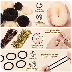 FANDAMEI Hair Bun Maker Set, Donut Bun Maker Set With 4pcs Dark Brown &4pcs Beige(2 extra-large,2 large,2 medium and 2 small), 5 pieces Hair Elastic Bands, 40 pieces Hair Bobby Pins (Brown and Gold)