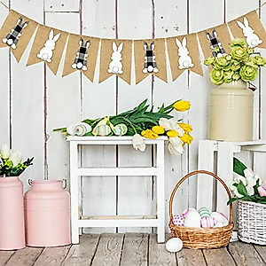 Doumeny Easter Plaid Burlap Banner Buffalo Check Rabbit Bunny Banner Jute White Rabbit Bunting Garland Happy Easter Banner Garland Spring Easter Party Banner for Mantle Fireplace Wall Door Party Decor