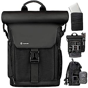 TARION Camera Backpack with Removable 16" Laptop Sleeve Canvas Camera Bag Photography Backpack for DSLR SLR Mirrorless Cameras Video Camcorder Includes Waterproof Raincover Black Rolltop DSLR Backpack