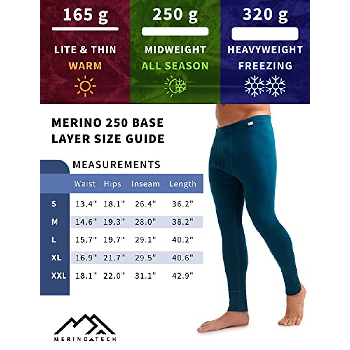 Merino Wool Men's Base Layer Pants — 100% Organic Wool Midweight Thermal Pants + Hiking Wool Socks (Large, Black 250)