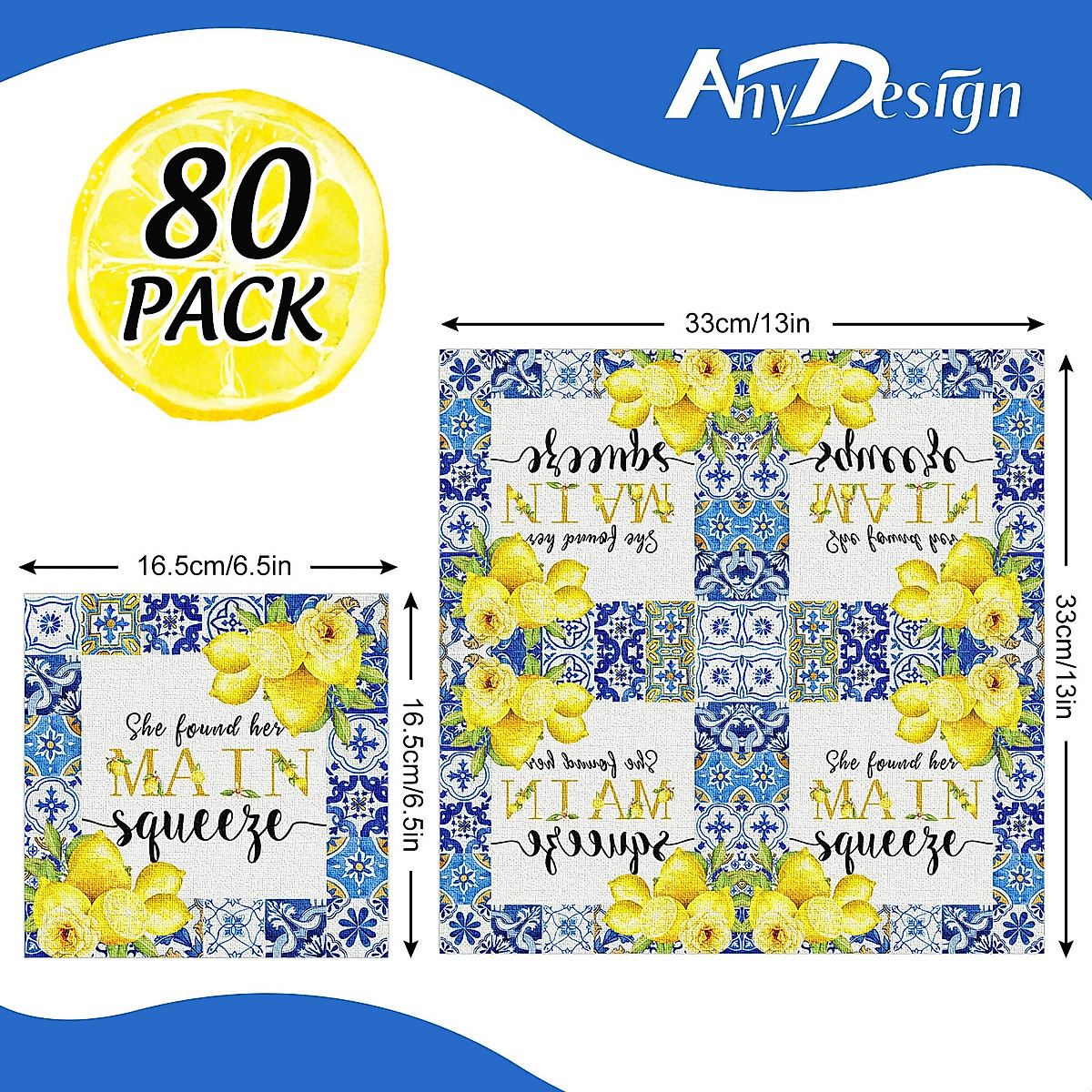 AnyDesign 80 Pack Lemon Luncheon Napkins Disposable She Found Her Main Squeeze Paper Decorative Napkins Blue Tiles Print Dessert Dinner Hand Napkin for Buffet Party Supplies Decoration, 6.5 x 6.5 In
