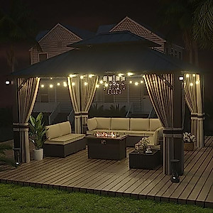 ALAULM 12' x 14' Hardtop Gazebo, Outdoor Patio Aluminum Gazebo with Aluminum Double Roof, Permanent Pavilion w/Curtains and Netting for Backyard, Patio, Deck, Garden-Sand