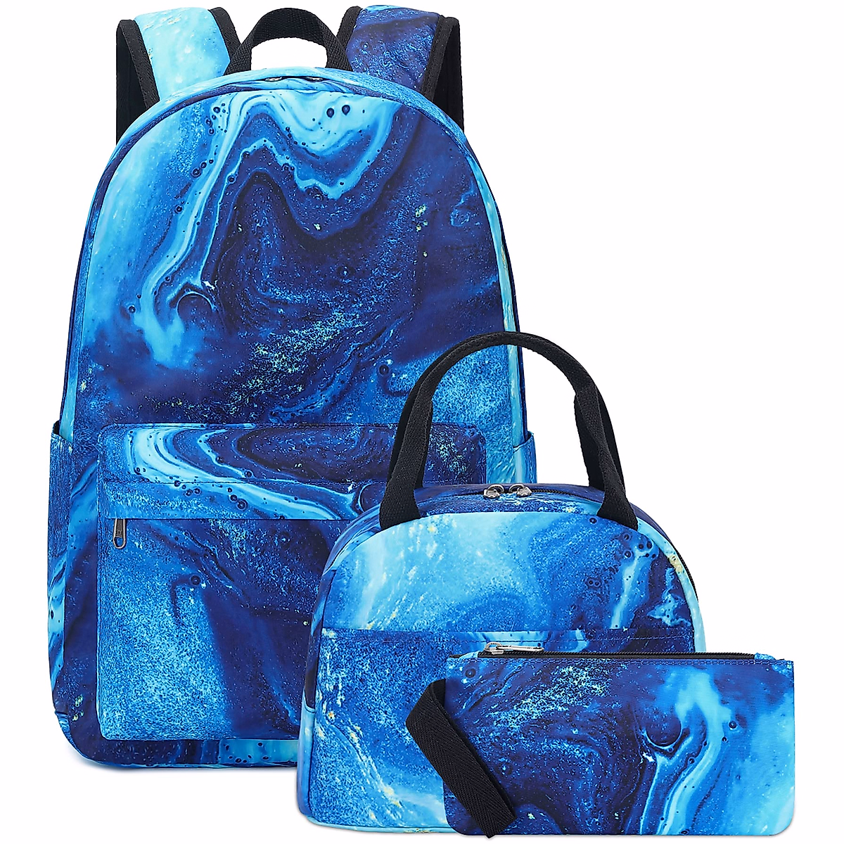 School Backpack Teens Boys Girls Cute Bookbag Schoolbag fit 15inch Laptop Insulated Lunch Bag for Elementary Kids Travel Daypack (Marble 41-Blue)