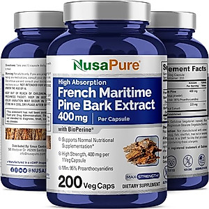 NusaPure French Maritime Pine Bark Extract 400mg per Veggie Caps 200-Day Supply Bioperine Non-GMO Vegan