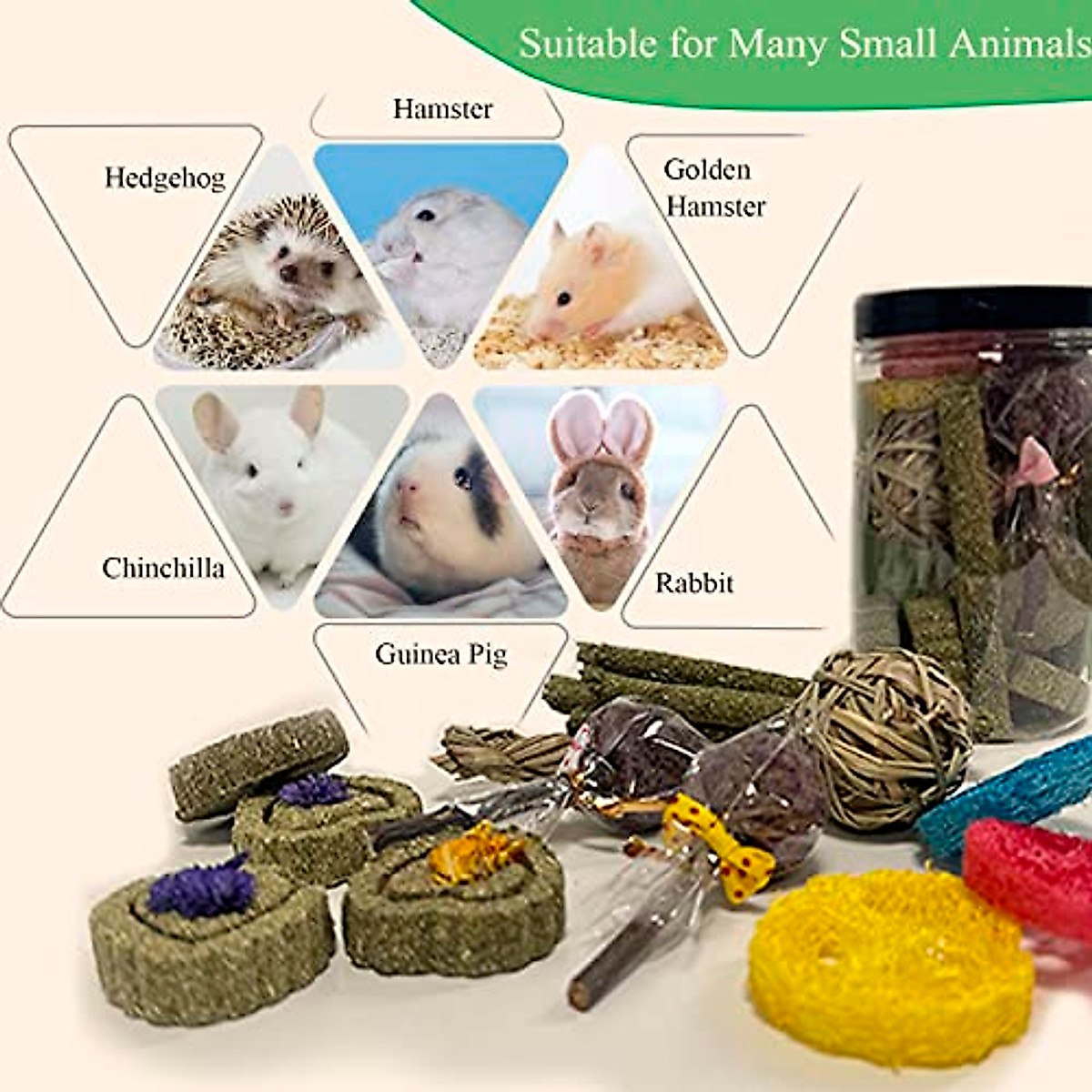 FIPASEN Rabbit Chew Toys for Teeth, 16PCS Natural Timothy Hay Chew Toy, Improve Dental Health for Bunny/Chinchilla/Guinea Pig/Hamsters/Holland Lop, Small Rodent Pet Molar Teeth Treats Toys