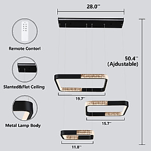 Dimmable Modern 70W LED Crystal Island Light with Remote 3 Color 3000K-6000K Adjustable 3 Black and Gold Square Rings Pendant Lighting for Modern Pendant Light for Dining Room Living Room