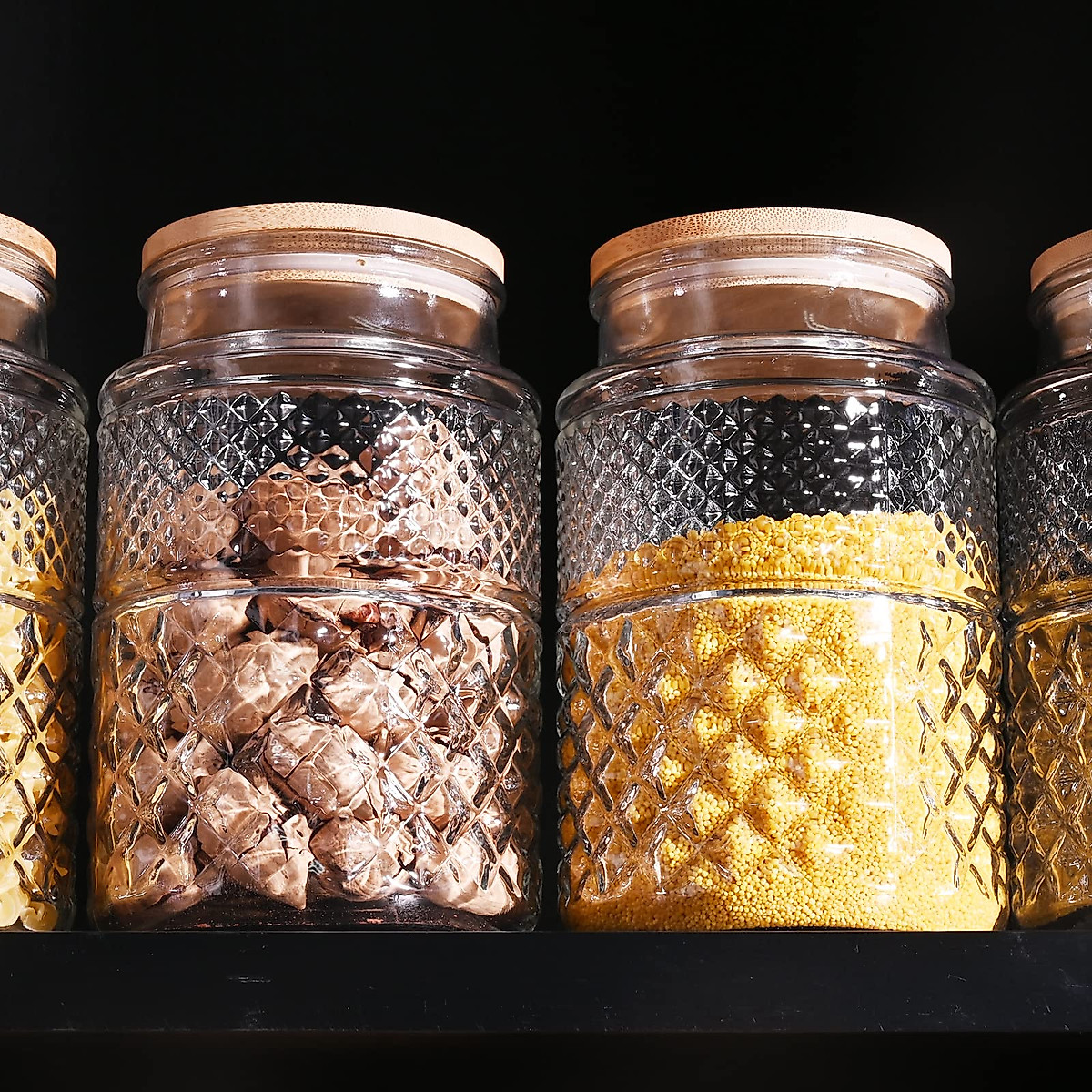 Glass Storage Jars, Kitchen Food Containers with Bamboo Lids, Airtight Embossed Mason Jar, Decorative Cereal Canisters for Candy Snack Cookies Coffee Tea Nuts Bean Countertop(Set of 3,20/40/60)