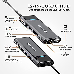 USB C Docking Station Dual Monitor for Dell/HP/Lenovo/Surface Laptop, Triple Display USB C Hub Multiple Adapter, USB C Dongle with 2 HDMI 4K+VGA+4 USB Port+100W PD Charger+Ethernet+SD/TF+Audio NOVOO