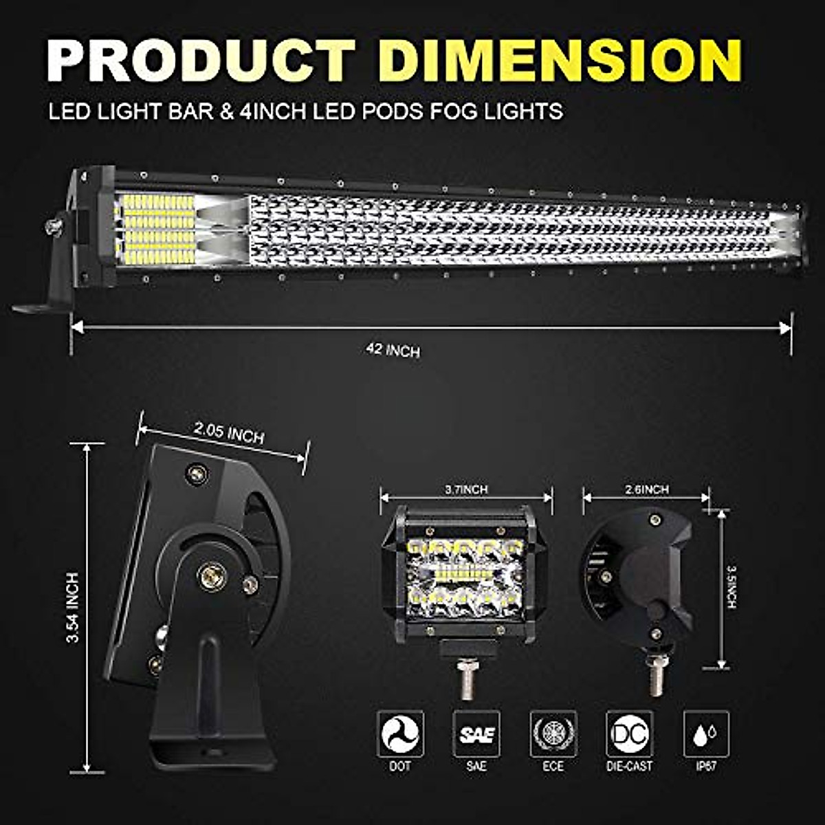 LED Light Bar TURBO SII 40/42 Inch 576W Curved Triple Row Flood Spot Combo Beam Offroad Driving Light + 4 Inch 60W Led Pod Lights w/3-Leads Wiring Harness for Trucks ATV UTV Polaris Boats