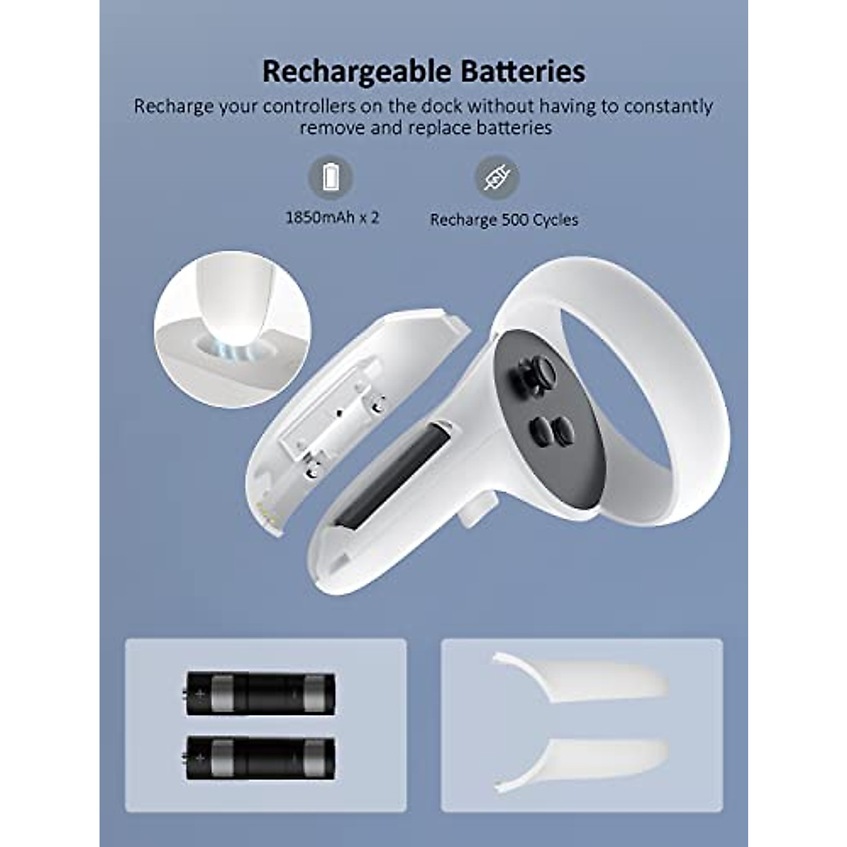 NexiGo Enhanced Charging Dock with LED Light for Oculus Quest 2, [Support Elite Strap with Battery], Headset Display Stand and Controller Mount, 2 Rechargeable Batteries, White