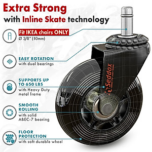 Professional Office Chair Wheels 10mm Stem - FIT IKEA Chairs ONLY - 3'' Replacement Rubber Chair Casters - Best Protection for Your Hardwood Floors Without Any Chair MATS - Black