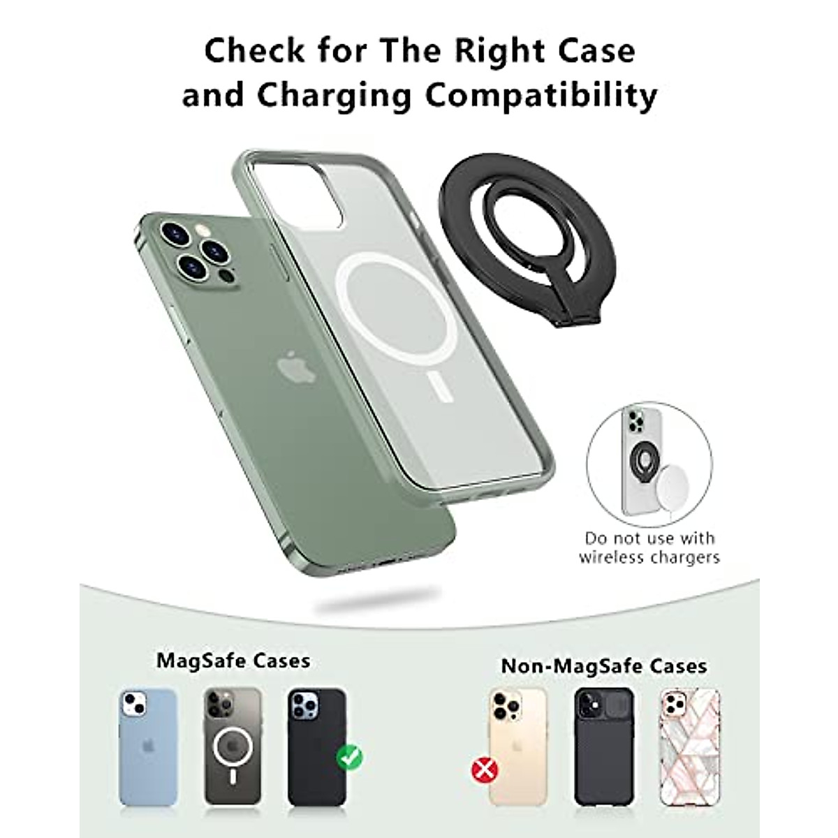 enGMOLPHY Phone Ring Holder with MagSafe, 360° Rotation Grip Finger Kickstand【Remove It to Wireless Charge】 Compatible with iPhone 14 Pro/Max/Plus, 13 12Pro/Max/Mini