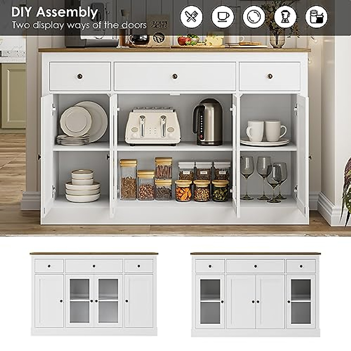 HOSTACK Sideboard Buffet Cabinet with Storage, 55" Large Kitchen Buffet Storage Cabinet with Drawers and Glass Doors, Modern Farmhouse Coffee Bar Cabinet, Wood Buffet Table Dining Room Cabinet, White
