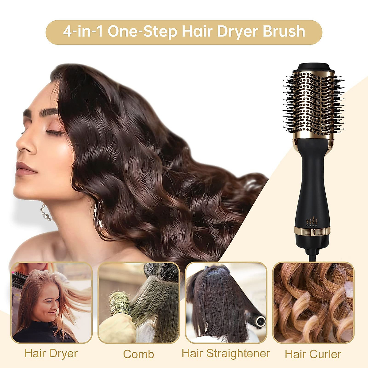 CosySun 3-in-1 Round Brush Hot Air Brush One Step Hair Dryer and Styler Volumizer, Gold, Ceramic Technology, 3 Speeds, 120V DC