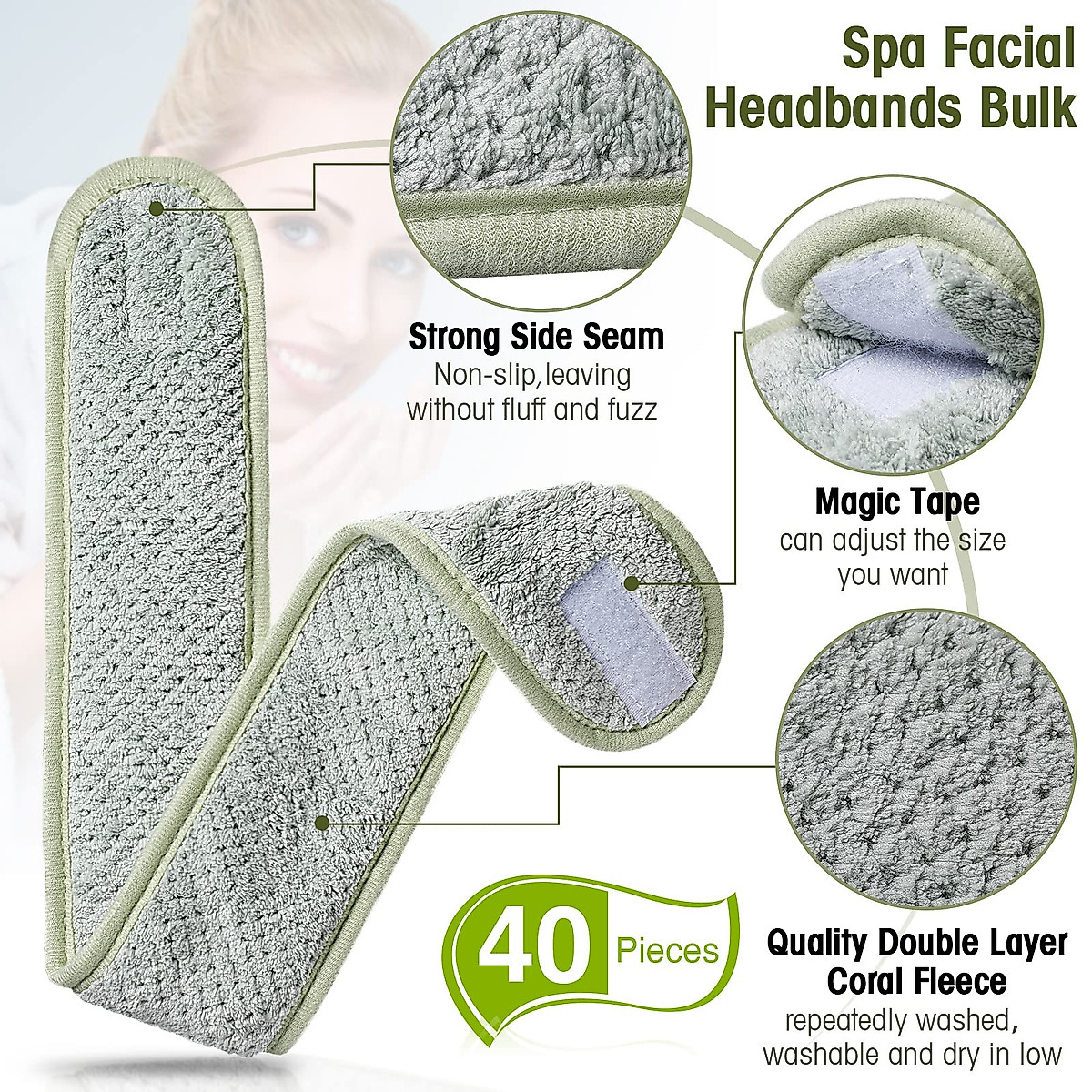 Geosar 40 Pcs Spa Headbands Bulk Spa Facial Headbands Adjustable Face Washing Headband Head Wrap Makeup Hair Wrap Double Layer Coral Fleece Hair Band for Bath Shower Sports Yoga