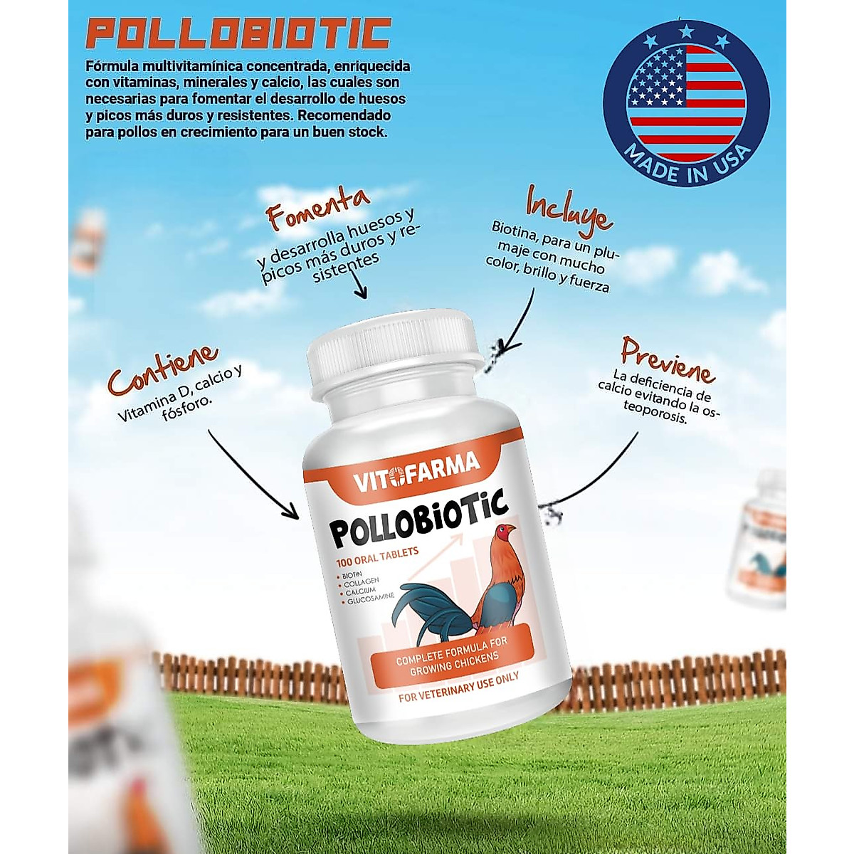 VITOFARMA POLLOBIOTIC - Essential Vitamin Supplement for Optimal Health and Performance in Chickens and Roosters - 100 Tablets