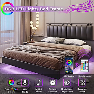 DICTAC Full Floating Bed Frame with Led Lights and Wall Mounted Headboard Modern Full Size LED Low Profile Platform Bed Frame Faux Leather Upholstered Platform Bed Frame,No Box Spring Needed,Black