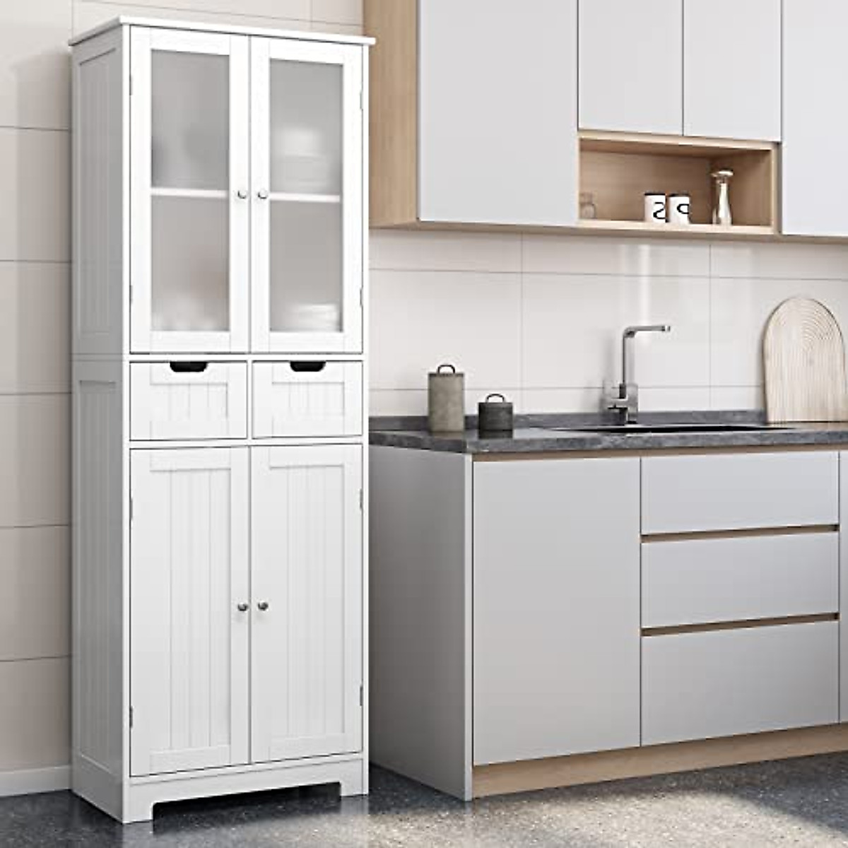 HORSTORS Tall Storage Cabinet, Freestanding Kitchen Pantry Cabinet with Glass Doors and Shelves, Large Modern Cupboard with 2 Drawers for Home Office, White, 23.6" L x 11.8" D x 66.9" H
