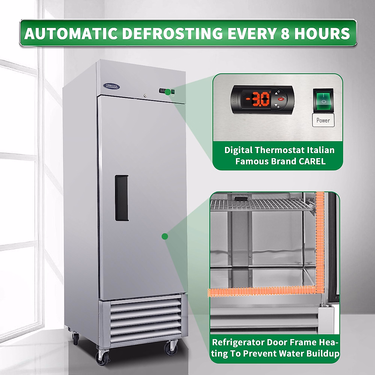 ORIKOOL 27"W Commercial Freezer Upright, -10℉ ~ 10℉ Stainless Steel Reach-in Freezer, 3 Adjustable Shelves, LED Lighting, 23 Cu.ft