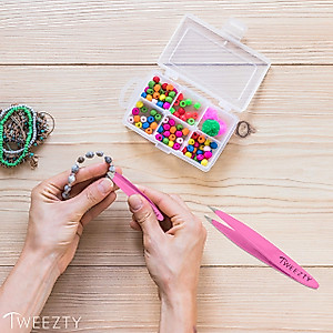 Tweezty Tweezer Set for Travel - Mini Slant Tweezers and Precision Tweezers - Tweezers for Eyebrows and Tweezers for Ingrown Hair - Pink Tweezers Kit with Travel Case