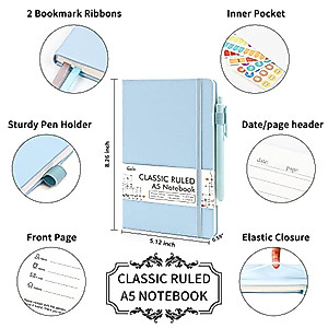 12 Pack Notebooks Journals Bulk with 12 Black Pens, Feela A5 Hardcover Notebook Classic Ruled Journal Set with Pen Holder for School Business Work Travel Writing, 120 GSM, 5.1”x8.3”, Light Blue