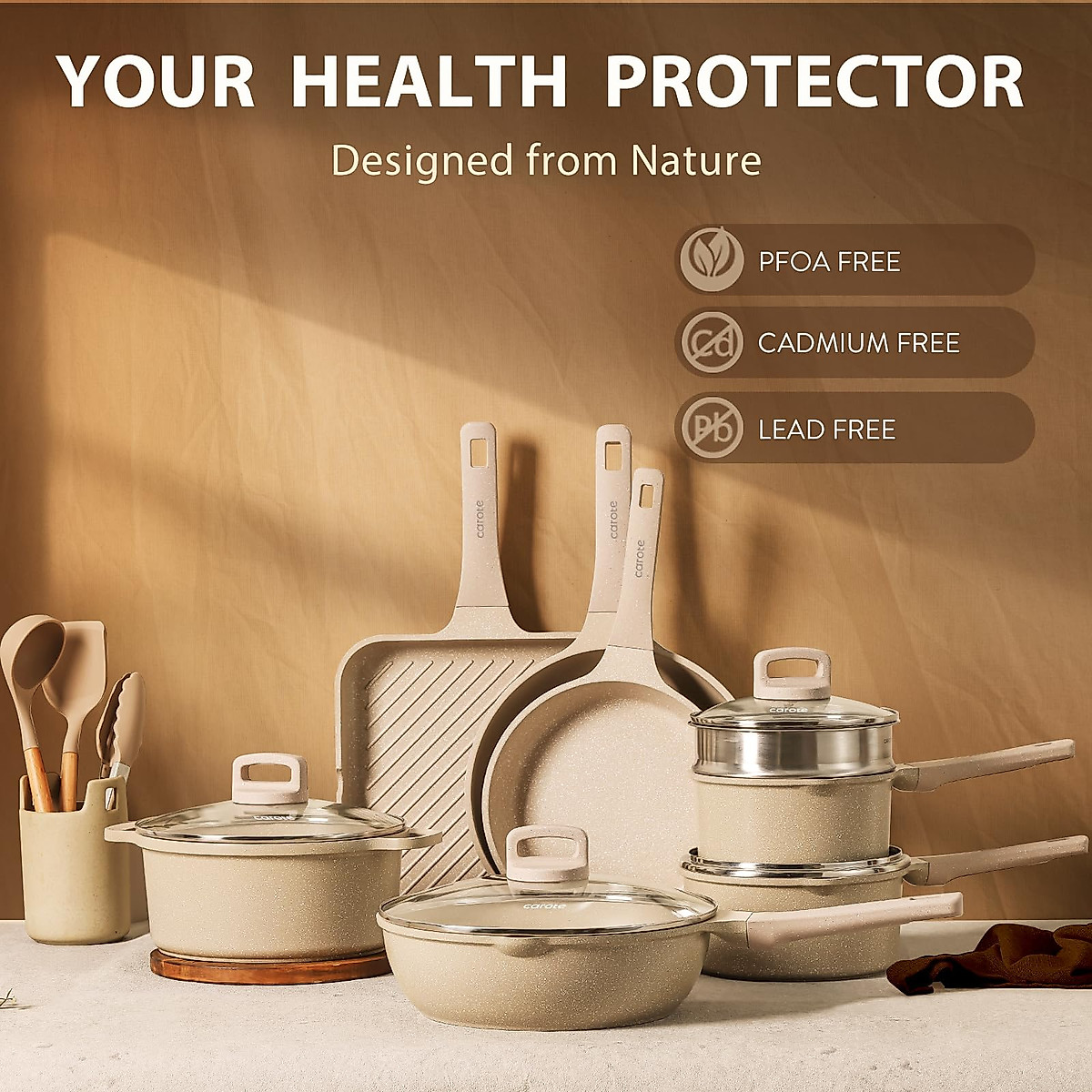 CAROTE Pots and Pans Set Non Stick, 16Pcs Kitchen Cookware Set, Stackable Induction Cookware, Pot and Pan set, Pans for Cooking, Taupe Granite