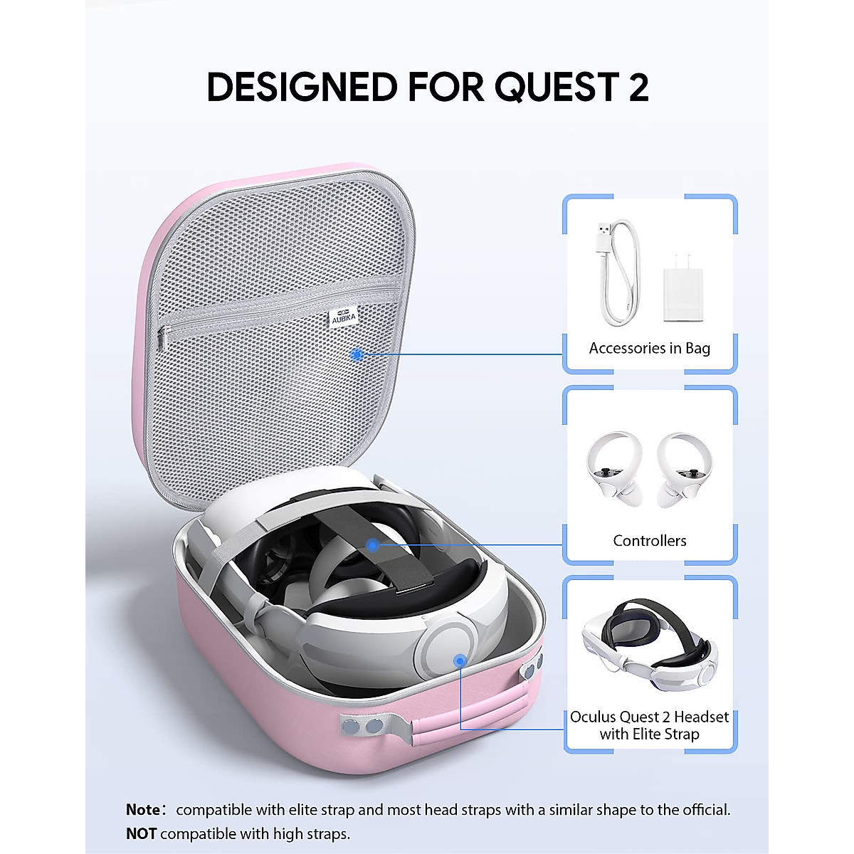 Aubika Pink Carrying Case for Meta Quest 3S/Quest 3/Oculus Quest 2/Pico 4/Quest Pro/Vision Pro, Compatible with Elite/Battery Headset Strap Accessories, Hard Travel Case