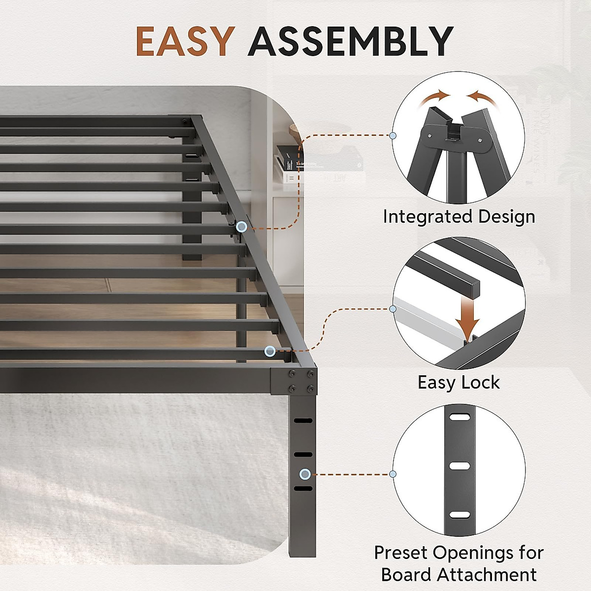 WAYES Queen Bed Frame, 14 Inch High Platform Bed Frame with Storage, Minimal Queen Size Metal Bed Frame, Heavy Duty, No Box Spring Needed, Noise-Free, Easy Assembly, Black