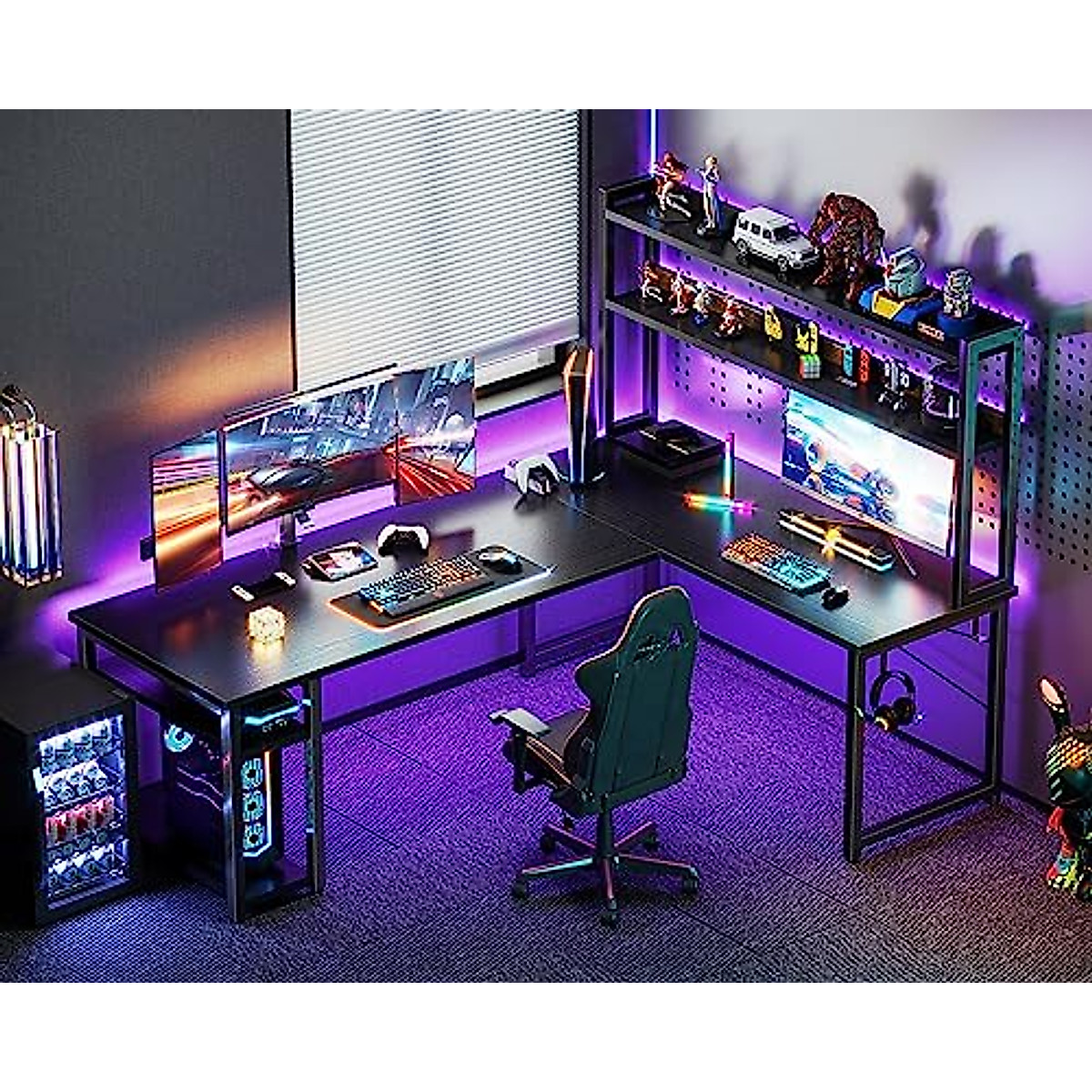 ODK L Shaped Gaming Desk with Hutch, Computer Desk with Storage Shelves, 66" L Shaped Desk for Home Office, Corner Desk with Headphone Hook, Black