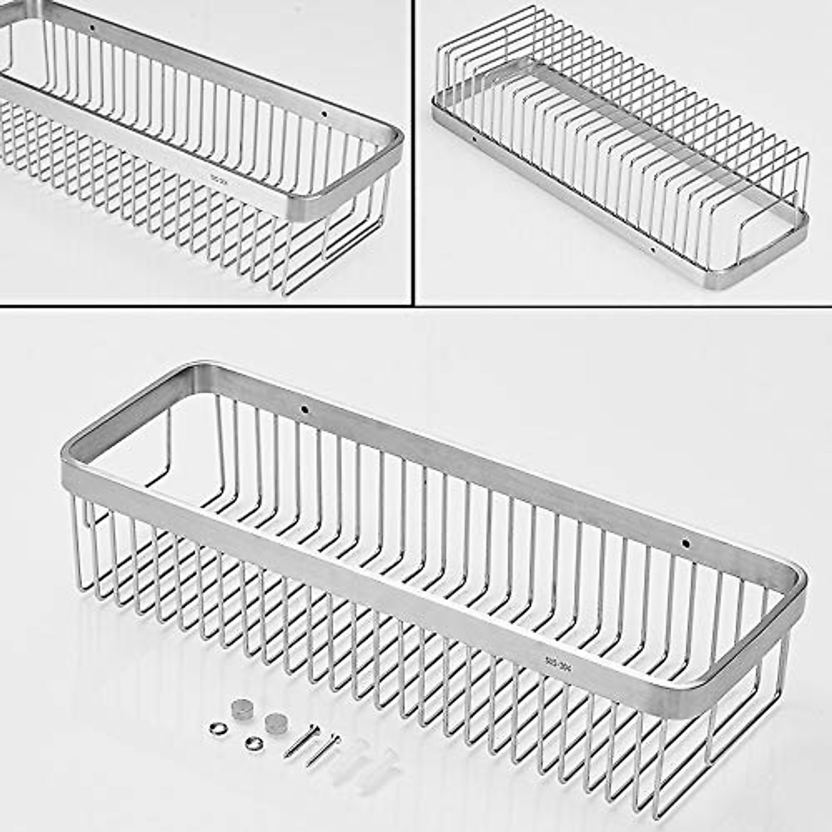 Thwarm Bathroom Racks 304 Stainless Steel Wide Side Brushed Net Basket Rectangular Wire Basket Wall Mount Mounted Single Tier Bathroom Bath Shower Storage Holder for Shampoo Conditioner