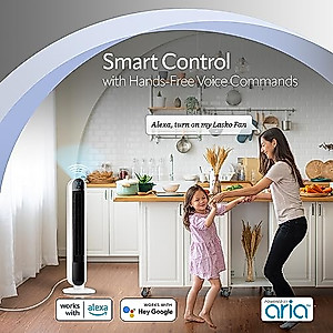 Lasko Smart Oscillating Tower Fan Powered by Aria, Wi-Fi Connected, Voice Controlled, Compatible with Alexa and Google Assistant, Timer, 5-Speeds, 40", White, T40735, Large