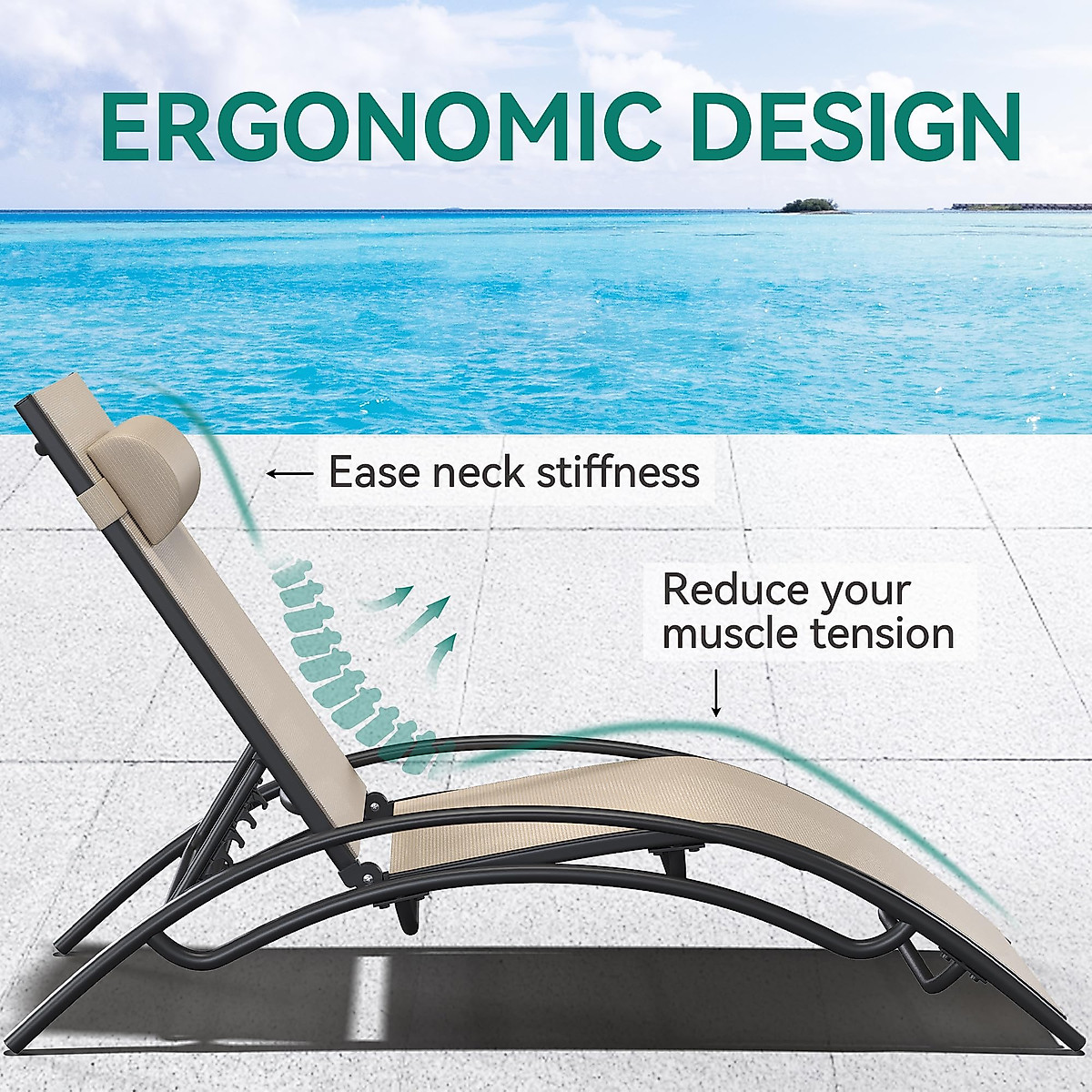 YITAHOME Outdoor Chaise Lounge Chair Set of 3, Pool Lounge Chairs with Side Table & 5-Position Adjustable Backrest, Sunbathing Recliner for Poolside, Backyard, Lawn, Deck - Khaki