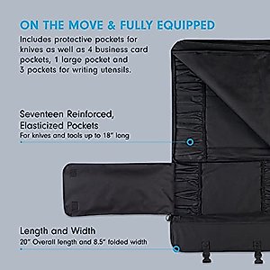Messermeister 17-Pocket Knife Case with Large Outer Pocket, Black - 17 Elasticized, Reinforced Pockets for Culinary Tools - Holds Up to 18” Knives - Functional, Stylish & Durable