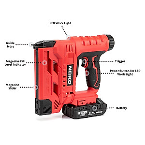 NEIKO 02651A Nail Gun Battery Powered Cordless Brad Nailer & Stapler, 18 Gauge, 2 in 1 Rechargeable Staple Gun & Battery Powered Nail, Cordless Nail Gun, 20V 2.0Ah, Electric Cordless Finish Nailer