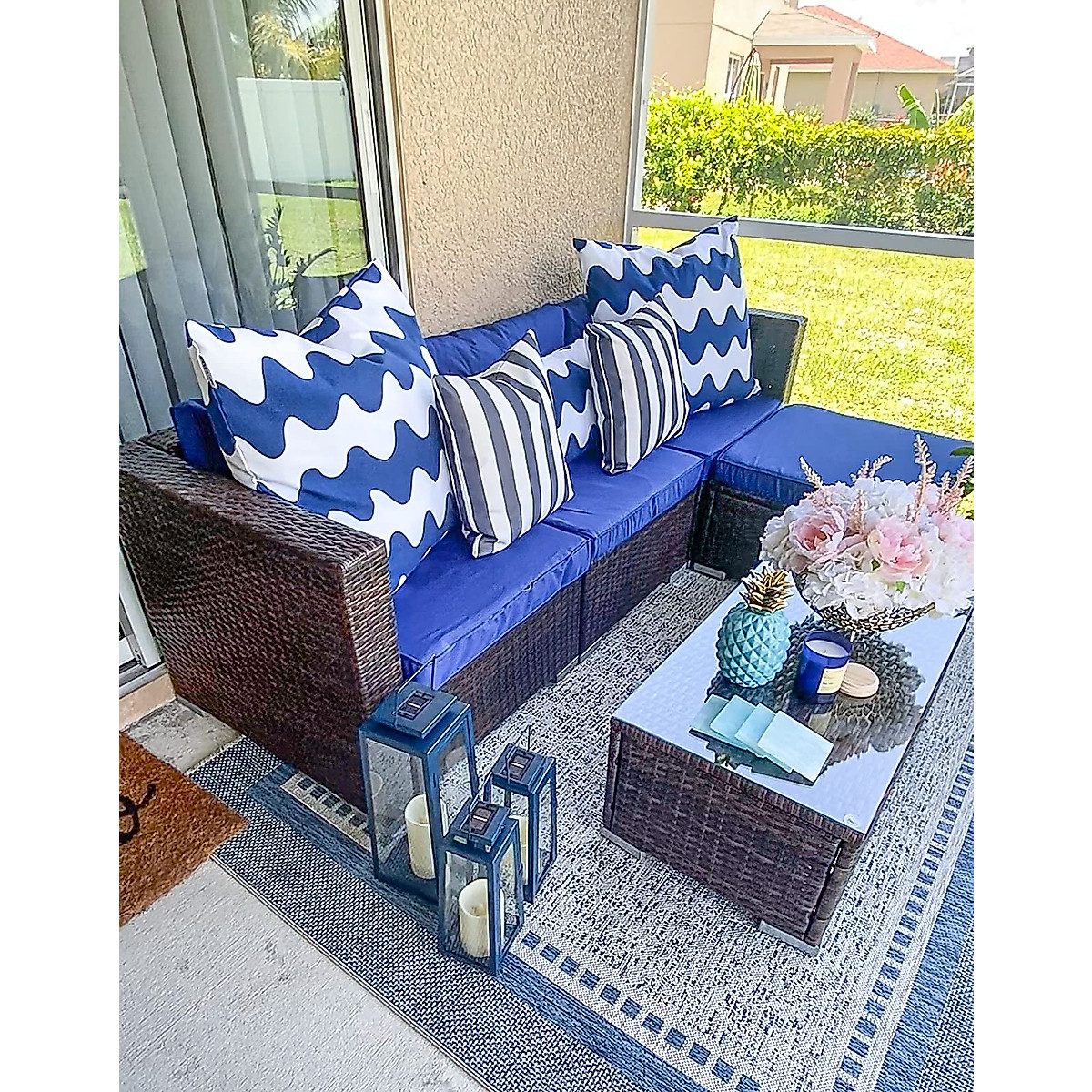 Blue Outdoor Candle Lantern - 15 Inch Tall, Solar Powered, Navy Metal with Glass, Waterproof Flameless Pillar Candles, Dusk to Dawn Timer, Flickering LED Lights, Rustic Farmhouse Patio Decor