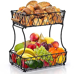 2 Tier Fruit Basket for Kitchen, Tiered Fruit Basket Kitchen Countertop Organizer, Bread Vegetable Storage Wire Metal Bowl with Banana Hanger Holder Stand, Detachable Counter Decor Black Farmhouse