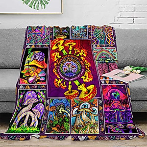 Mushroom Blanket Super Soft Microfiber Flannel Throw Blanket Trippy Mushroom Blankets All Seasons Warm Cozy Fleece Plush Blanket Sofa Couch Bedroom Living Room (Purple，(59 x 79 in))