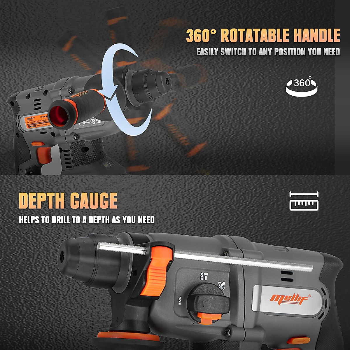 Mellif Brushless Rotary Hammer Drill Compatible with Dewalt 20v Max Battery, 1 1/8 in SDS Plus 1,400RPM, Heavy Duty Safety Clutch, 4 Modes for Concrete, Masonry, Wood, Metal (Tool Only)