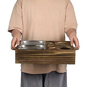 MyGift Rustic Burnt Solid Wood Snack Bowl and Tray Caddy with 2 Drink Holders and Remote Control Holder Slots, Living Room Movie Night Entertainment Serving Tray