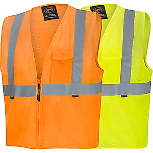 Pioneer High Visibility Safety Vest, Tricot Polyester Mesh, Zip-Up, Reflective Tape, Yellow/Green, Unisex, V1060360U-L, Large