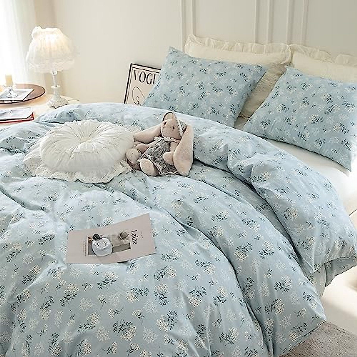 Queen Duvet Cover Floral, 100% Cotton 3 Pieces Floral Queen Bedding Set, Blue Floral Chic Garden Fresh Style Floral Printed Queen Duvet Covers Floral with Zipper Closure (Floral, Queen)